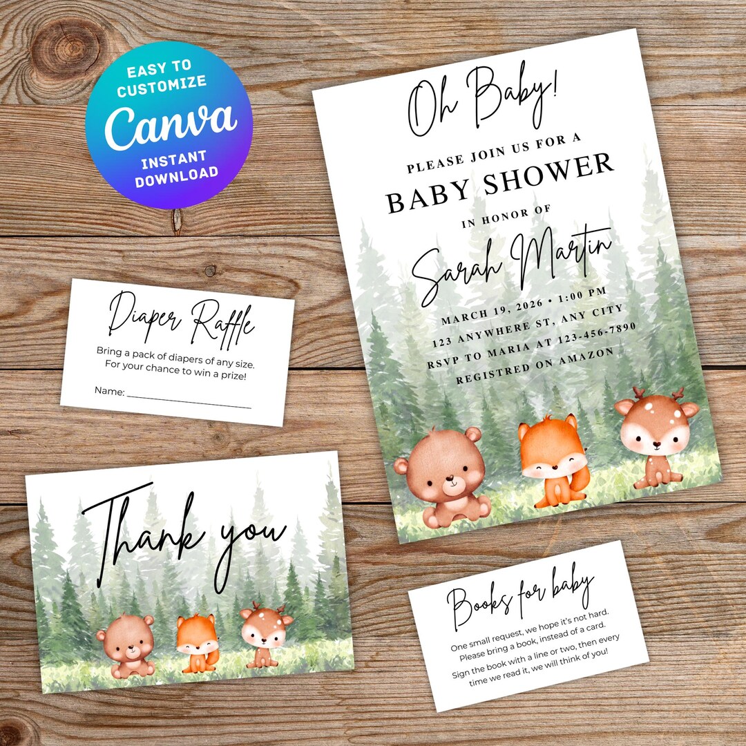 Editable Baby Shower Invitation Bundle, Diaper Raffle, Books for Baby ...
