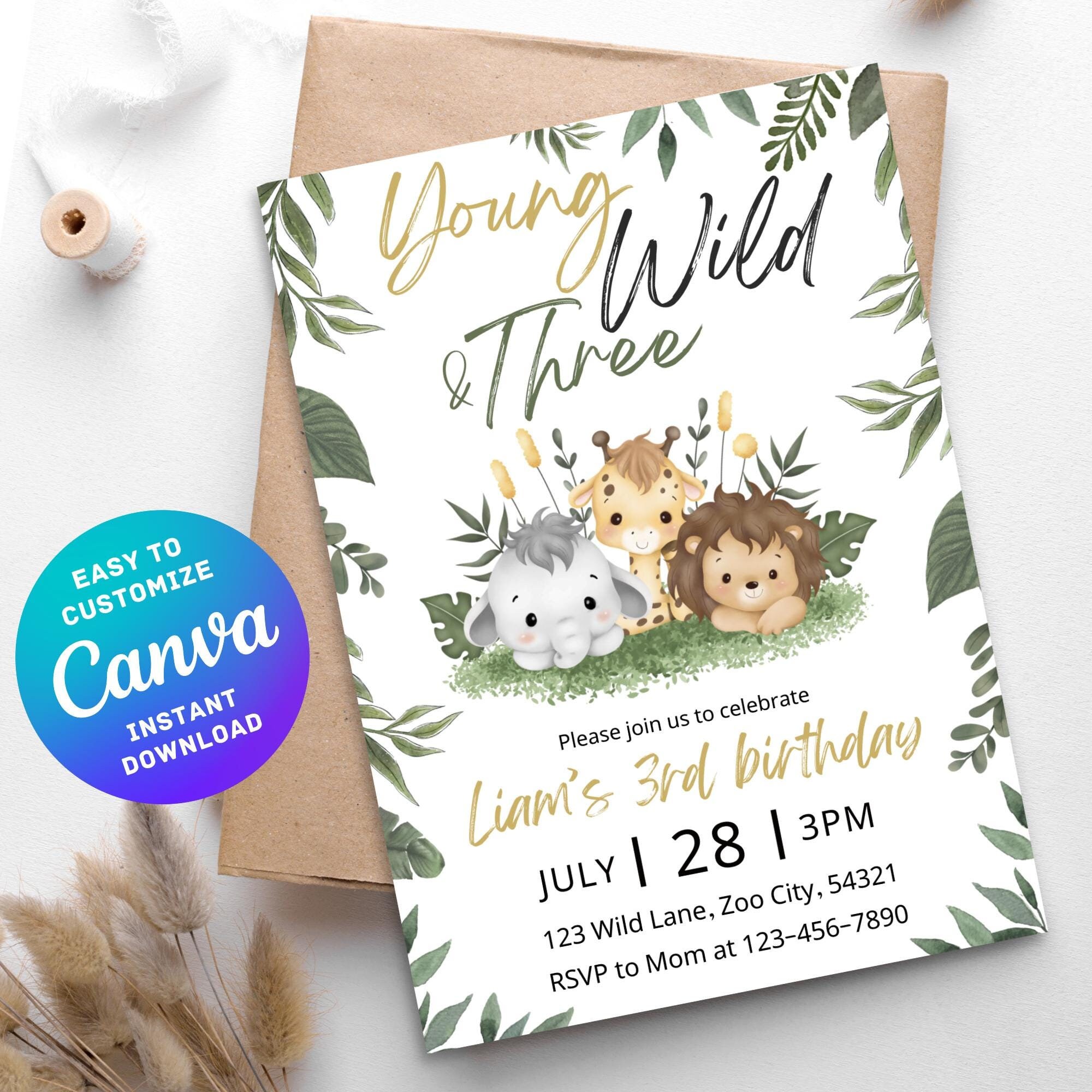 Editable 3rd Birthday Invitation, Boy Girl Young Wild & Three Bday ...