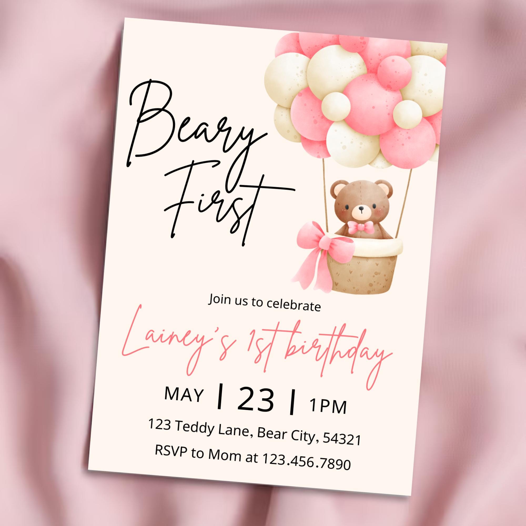Editable Beary First Pink Birthday Invitation, Teddy Bear Theme Cute ...