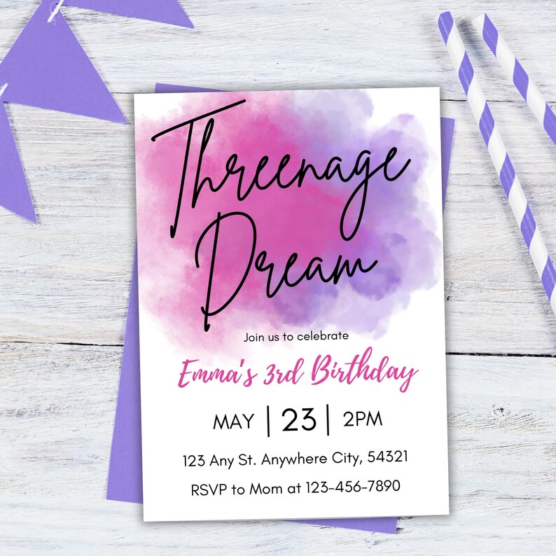Editable 3rd Birthday Invitation, Girls Threenage Dream Third Bday ...