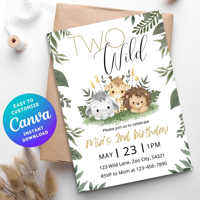 Editable Two Wild Birthday Invitation, Safari Jungle Animal Theme Party ...