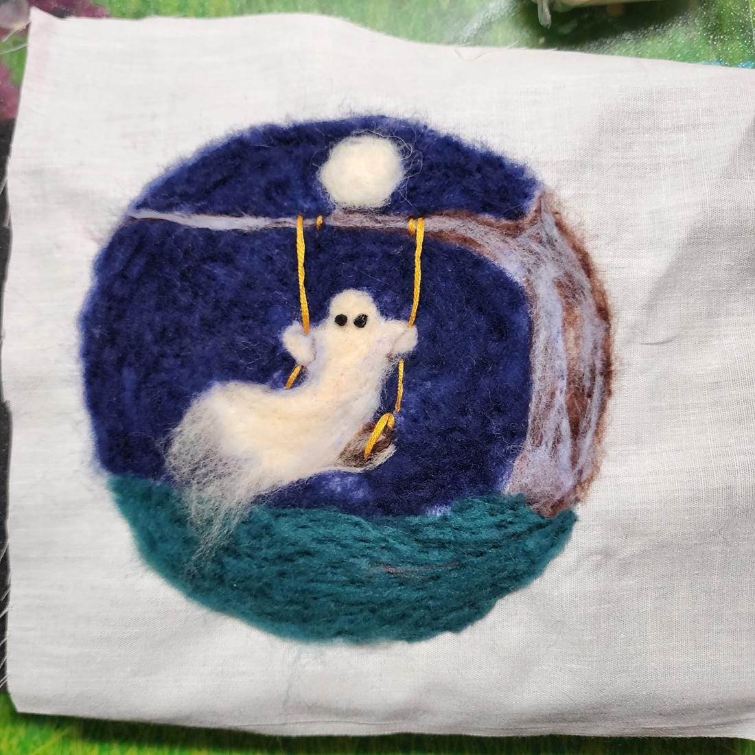 Ghost on a Swing, Wool Felting on Embroidery Hoop, Original, One-of-a ...