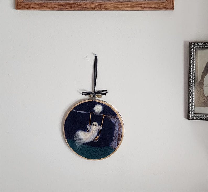 Ghost on a Swing, Wool Felting on Embroidery Hoop, Original, One-of-a ...