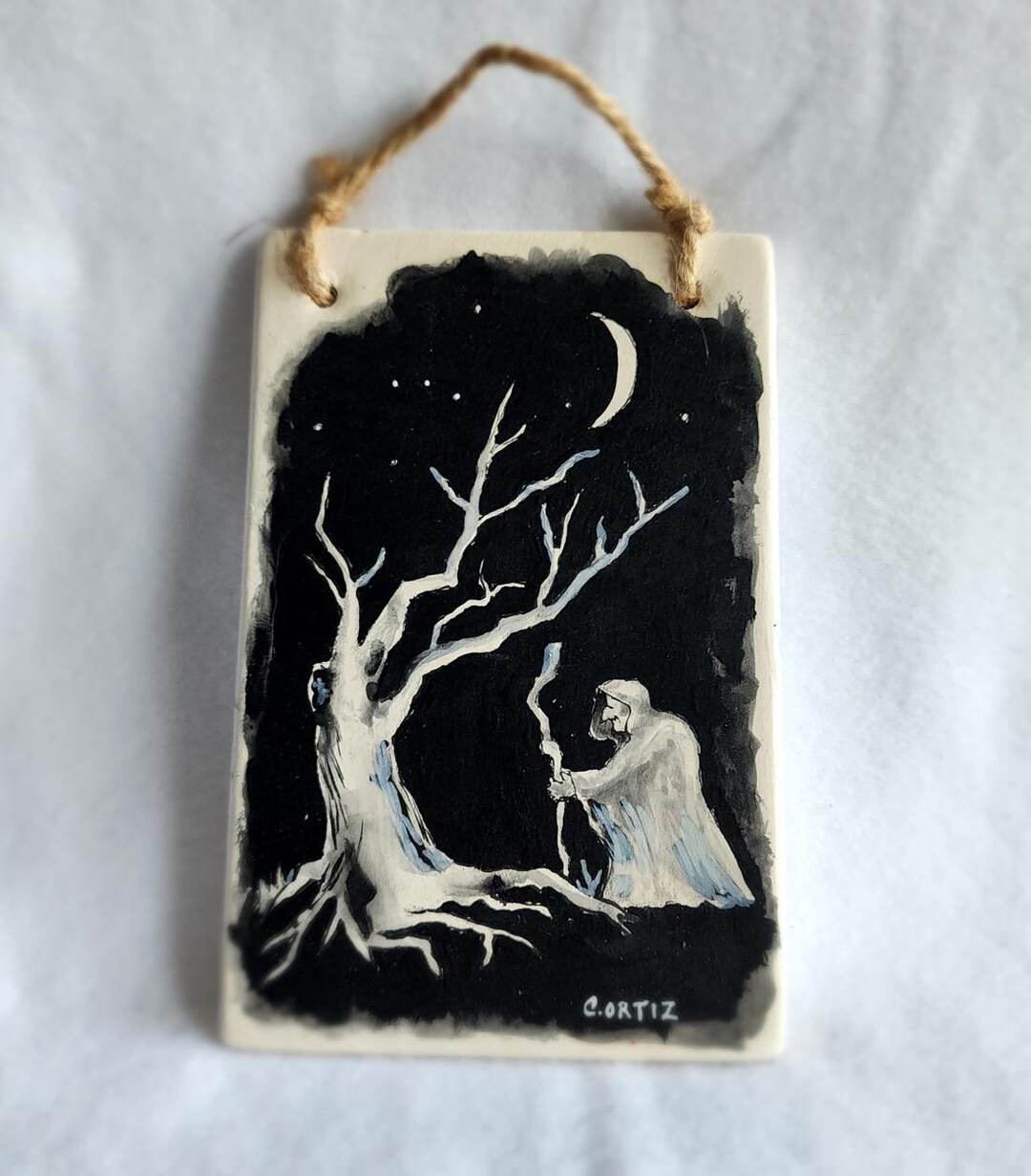 Crone and Tree, Old Woman in Cloak, Night Time, Ceramic Tile, Hanging ...