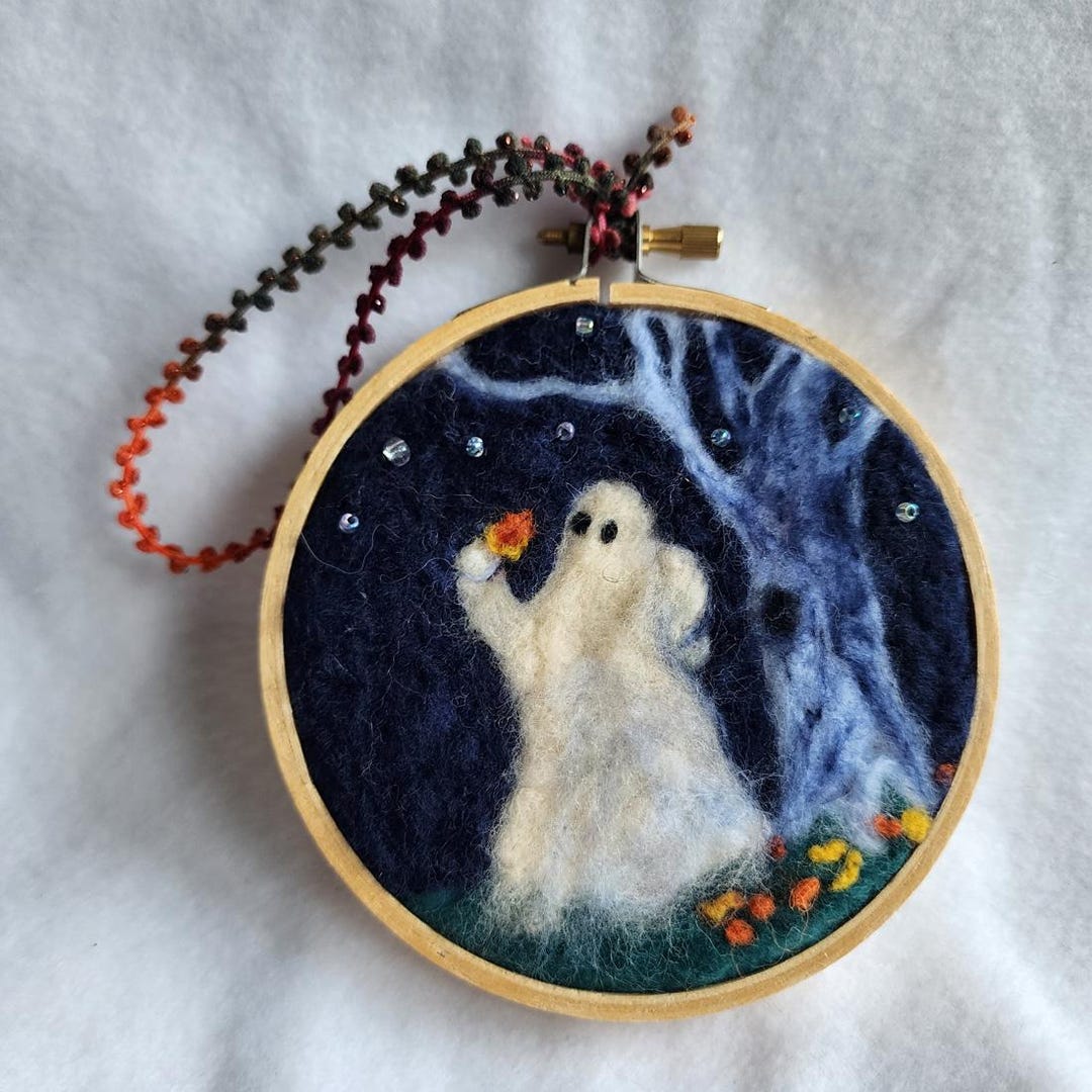 Ghost Examining Fall Leaf, Wool Felting on Embroidery Hoop, Original ...