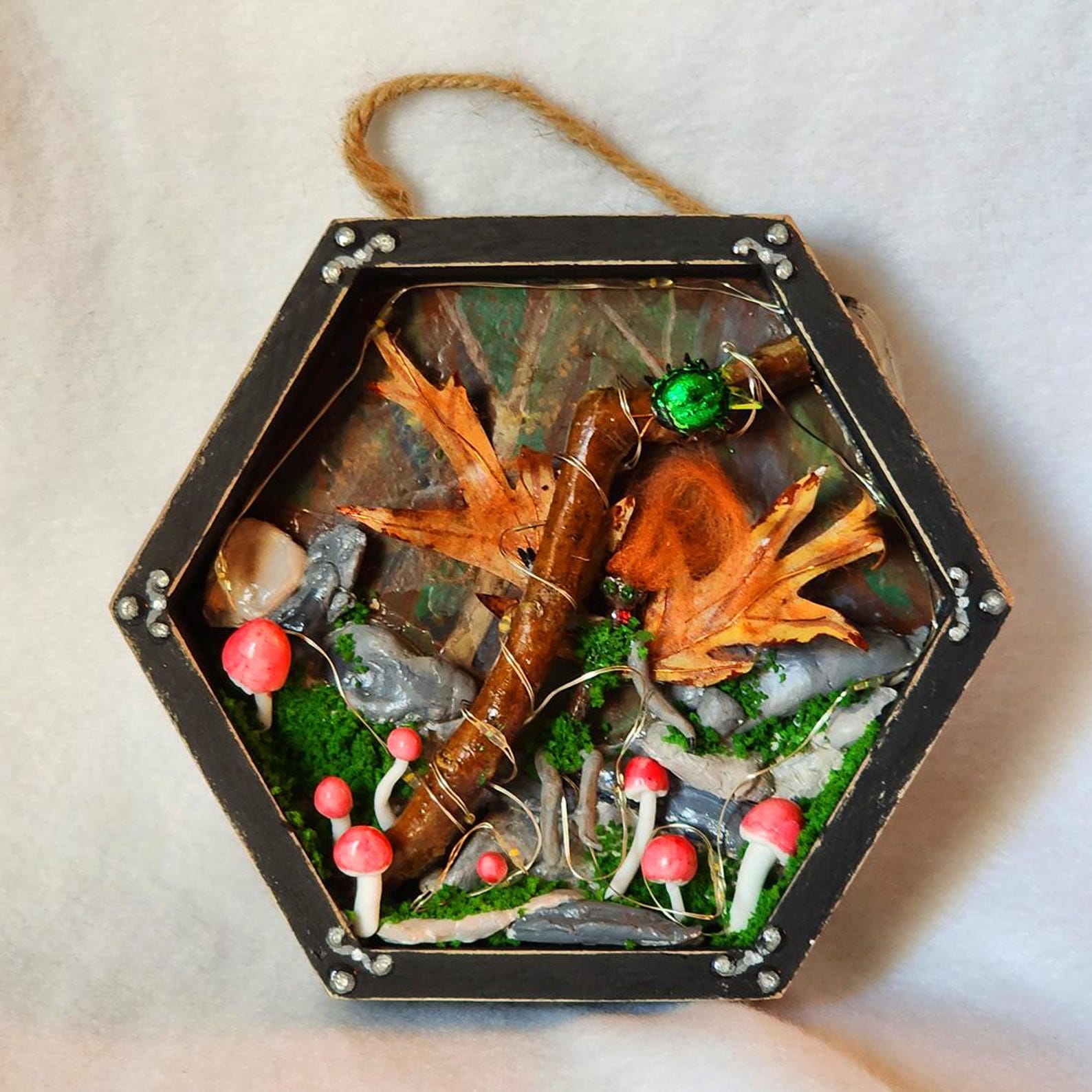 Shy Woodling Fairy and June Bug, Nature Diorama, Brown, Green, Decor ...