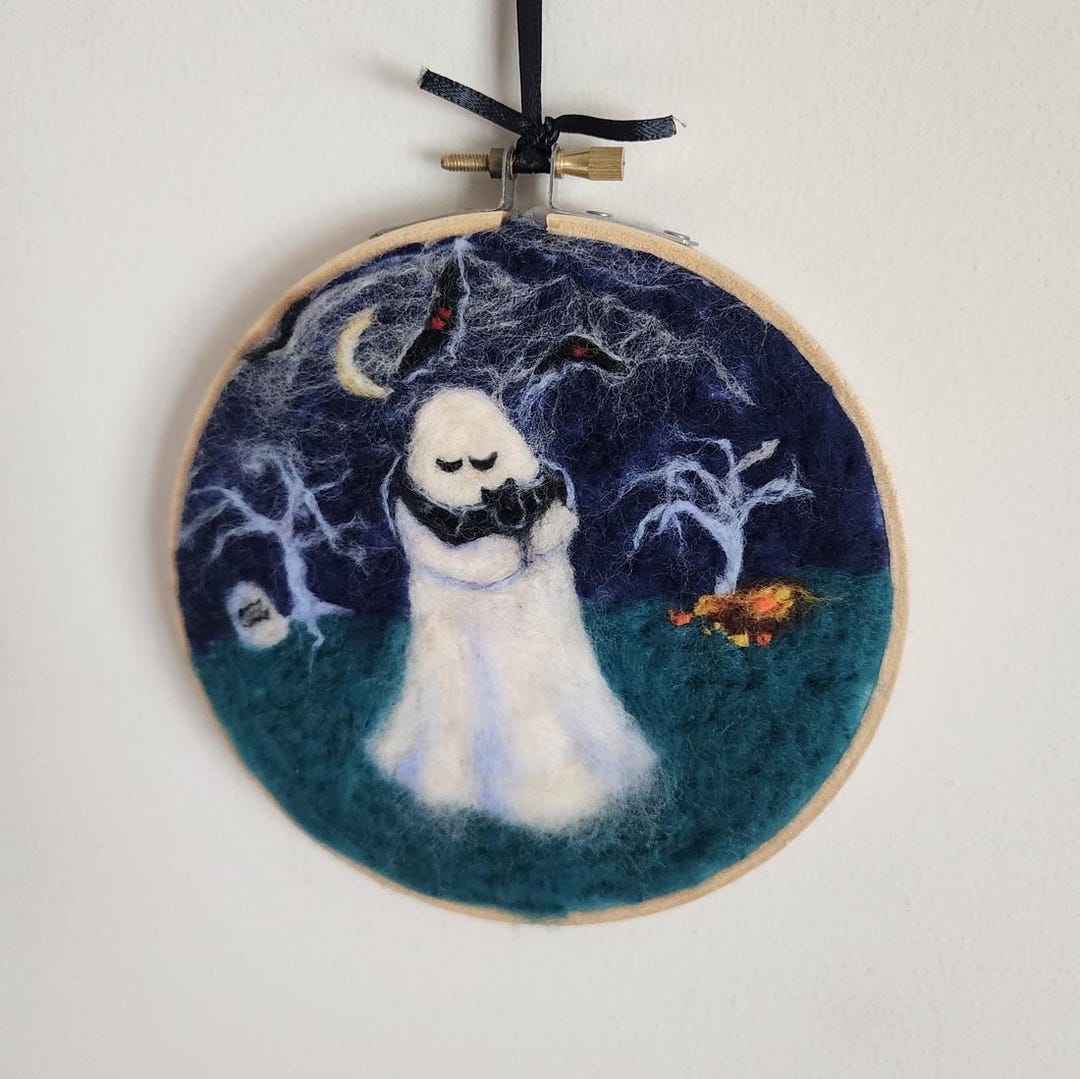 A Ghost and It's Bat, Wool Felting on Embroidery Hoop, Original, Unique ...