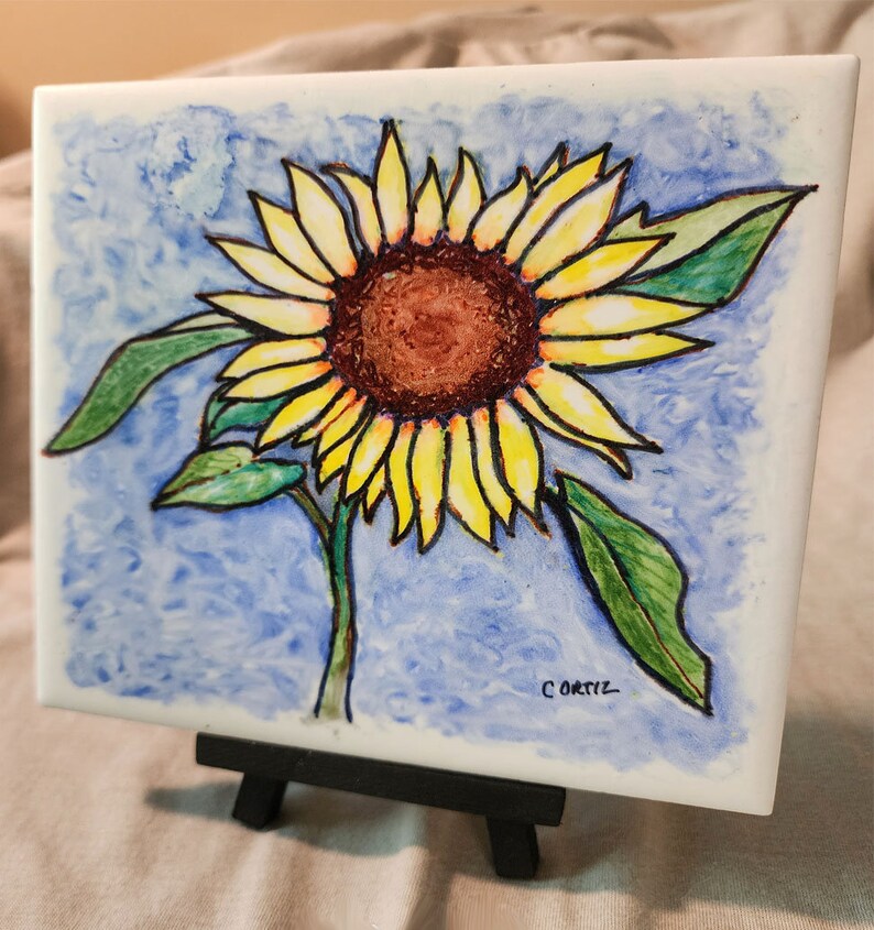 Sunflower in Blue, Ceramic, Tile, Nature, Yellow, Blue ...