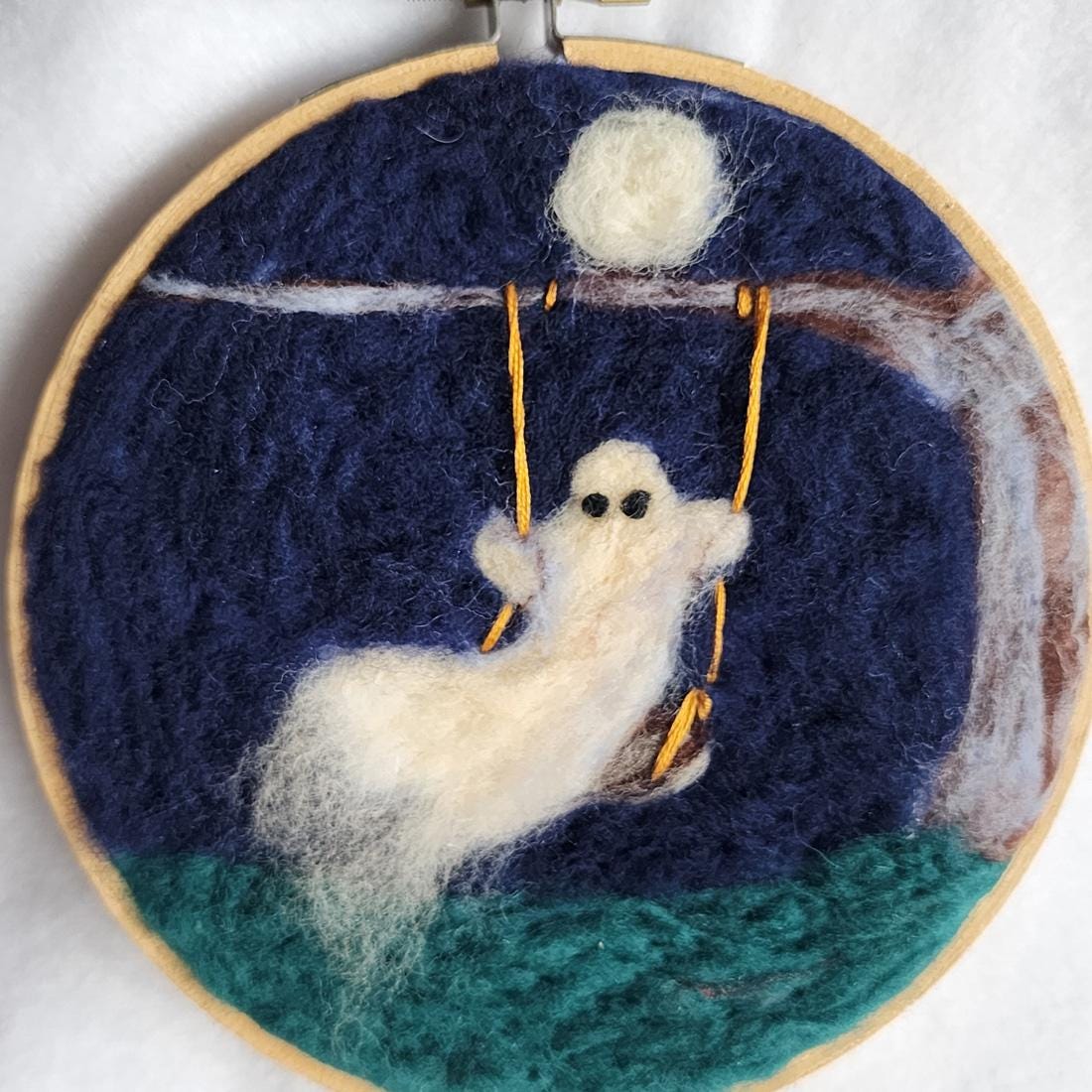 Ghost on a Swing, Wool Felting on Embroidery Hoop, Original, One-of-a ...