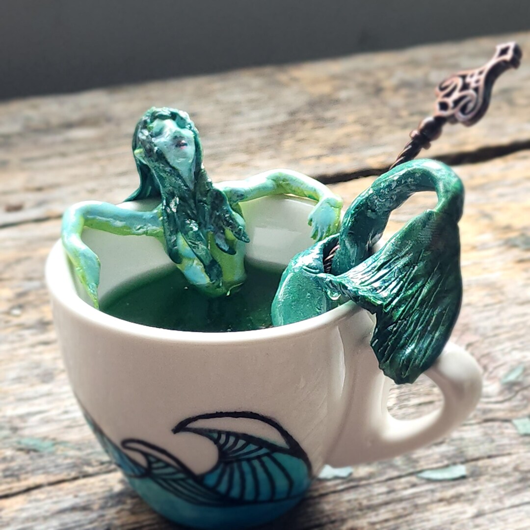 Mermaid Soaking in Green Tea, Siren in a Ocean Pattern Teacup With ...
