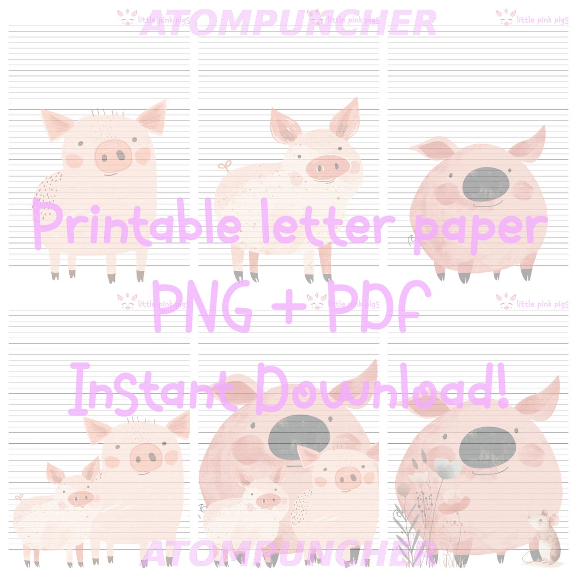 Printable Letter Paper A4 Little Pink Pigs PNG and PDF Printable Lined ...