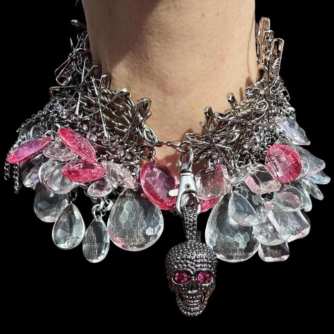 Handmade Safety Pin Rhinestone Large Collar Choker Skull Pendant ...