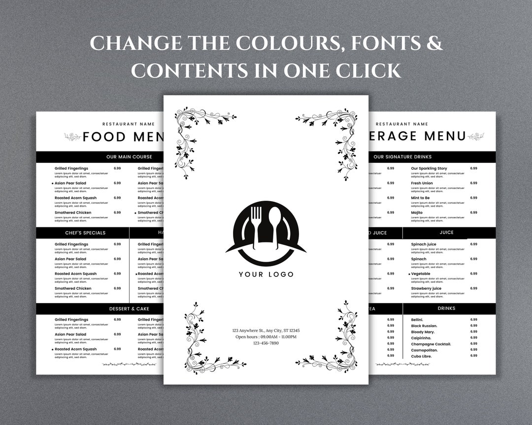 Customizable Restaurant Menu Design Editable Food and Drink Menu ...