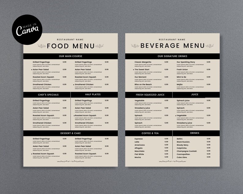 Professional Restaurant Menu Template for Canva | Instant Download ...