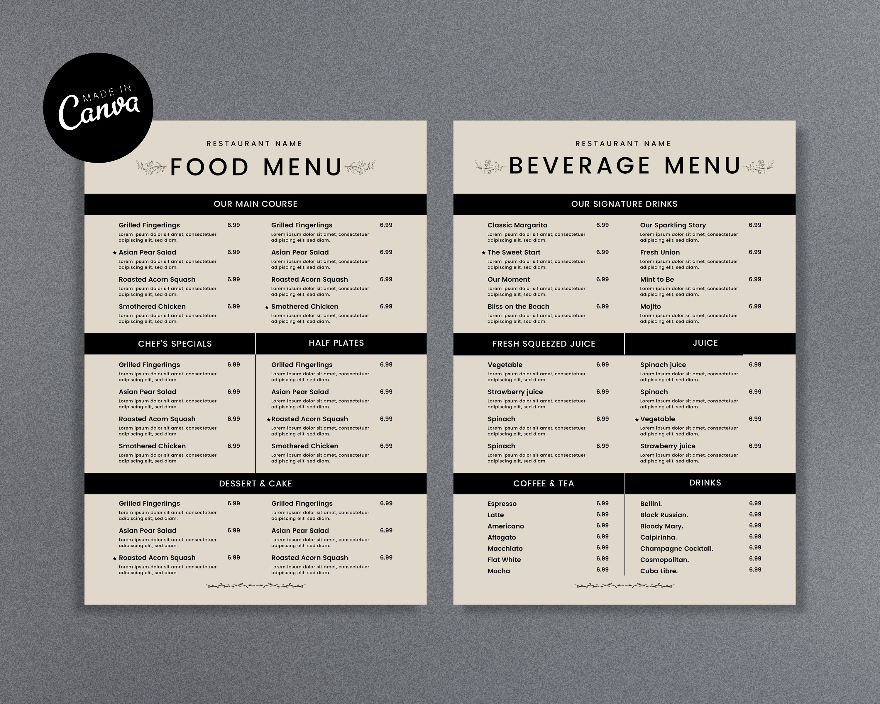 Professional Restaurant Menu Template for Canva | Instant Download ...