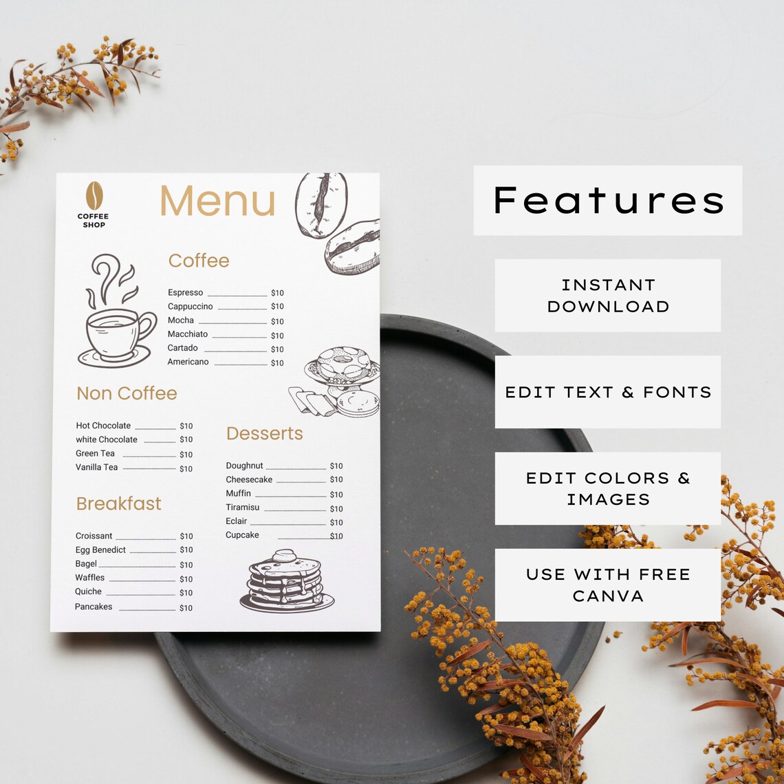 Elegant Cafe Menu Template, Instant Canva Download for Restaurants and ...