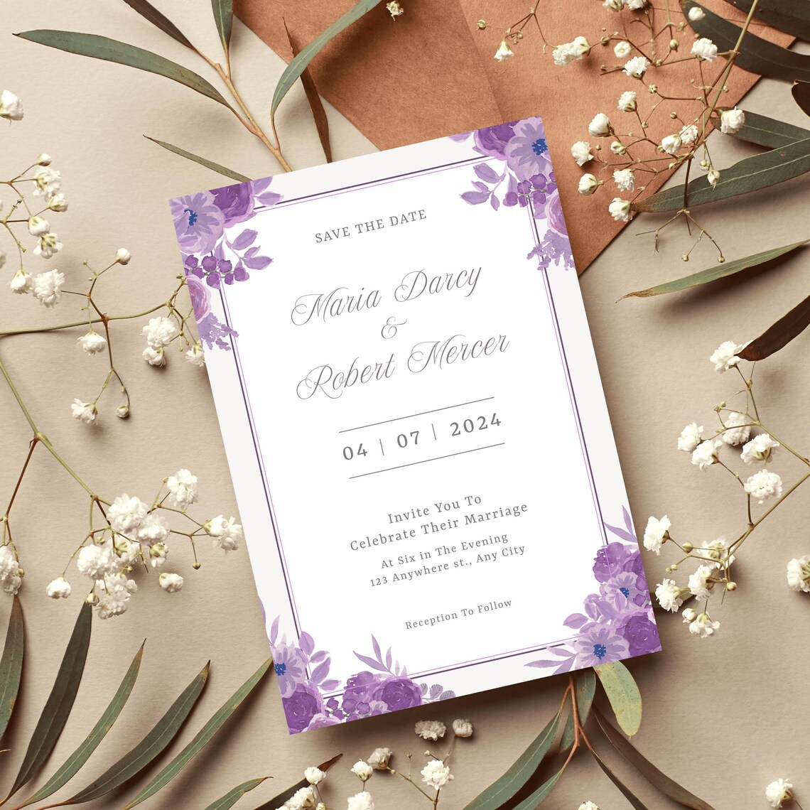 Lilac Wedding Invitation Template - Customizable Wedding Invite for ...