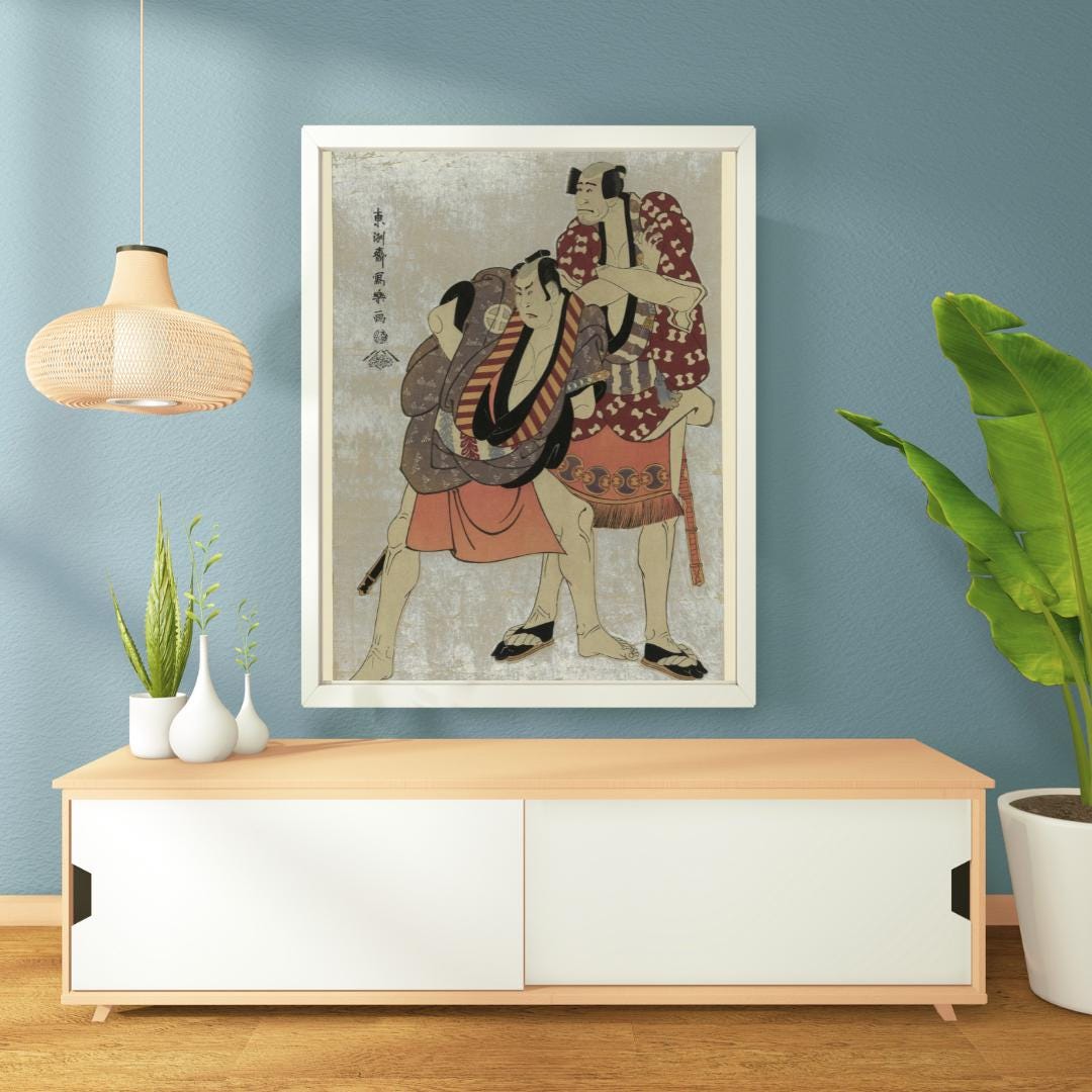 Traditional Japanese Print of Two Men in Classic Kimono Attire ...