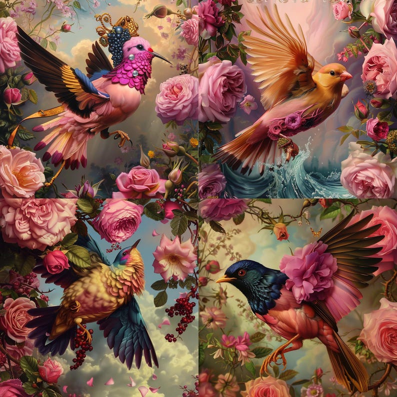 24 Colorful Floral Bird Clipart, Floral Clipart, Scrapbooking, Wall Art ...