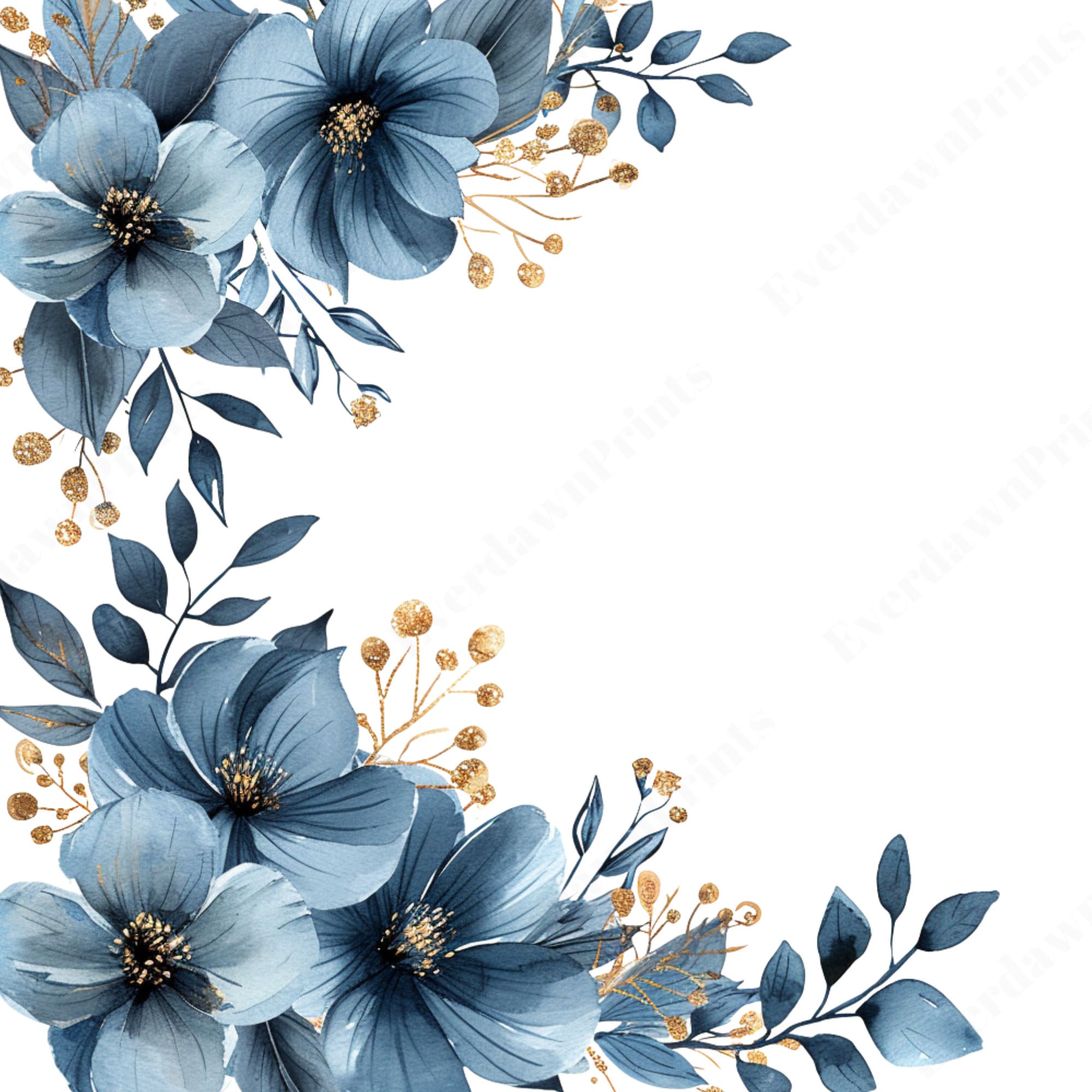 20 Blue Floral Corner Watercolor Clipart, Elegant Flower Botanical ...