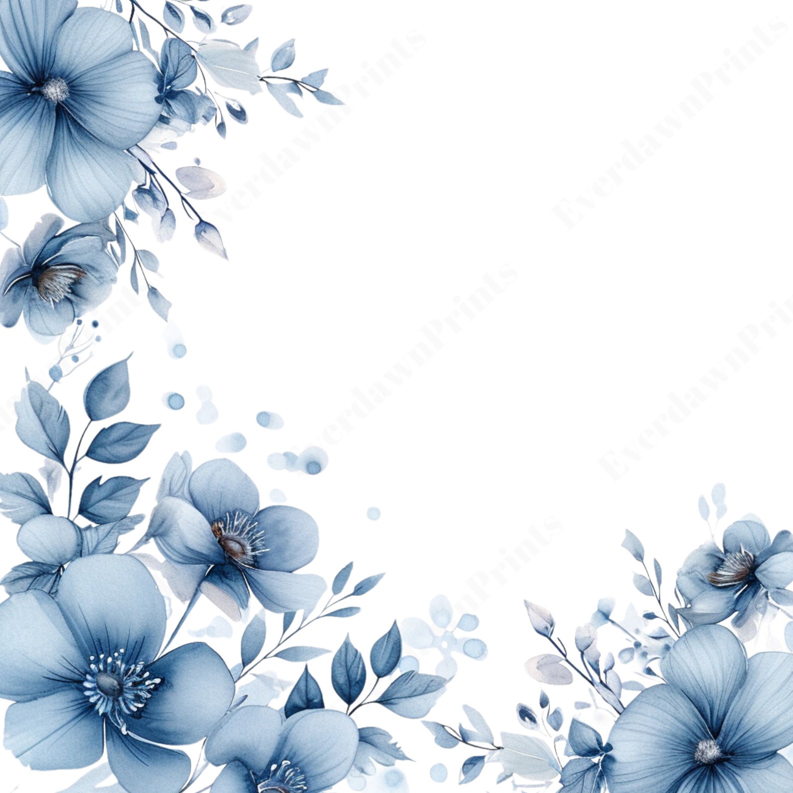 20 Blue Floral Corner Watercolor Clipart, Elegant Flower Botanical ...