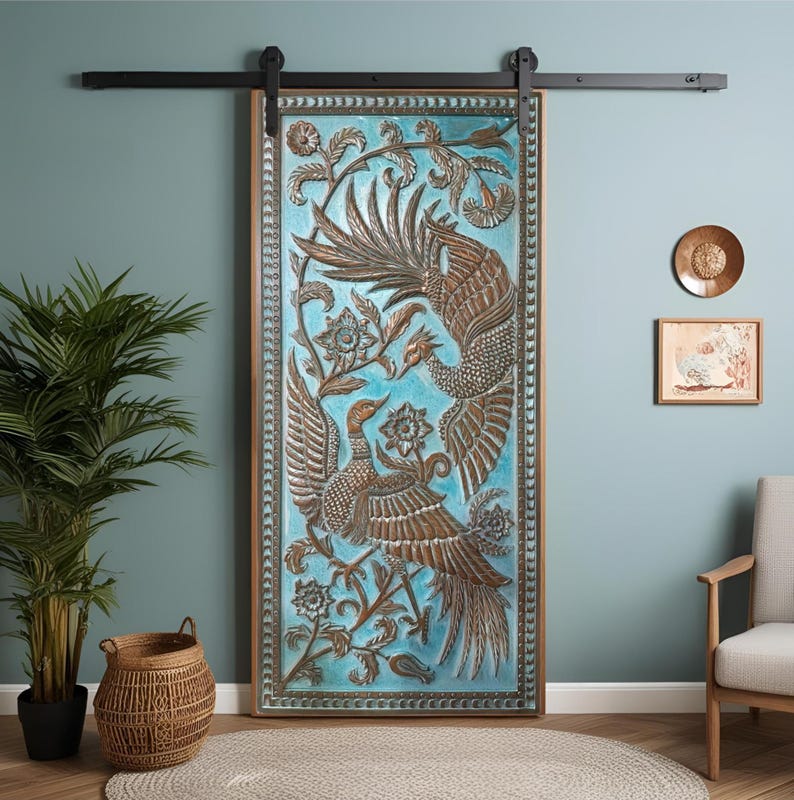 Wooden Hand Carved Barn Door, Sliding Wooden Door, Bird Patterned ...