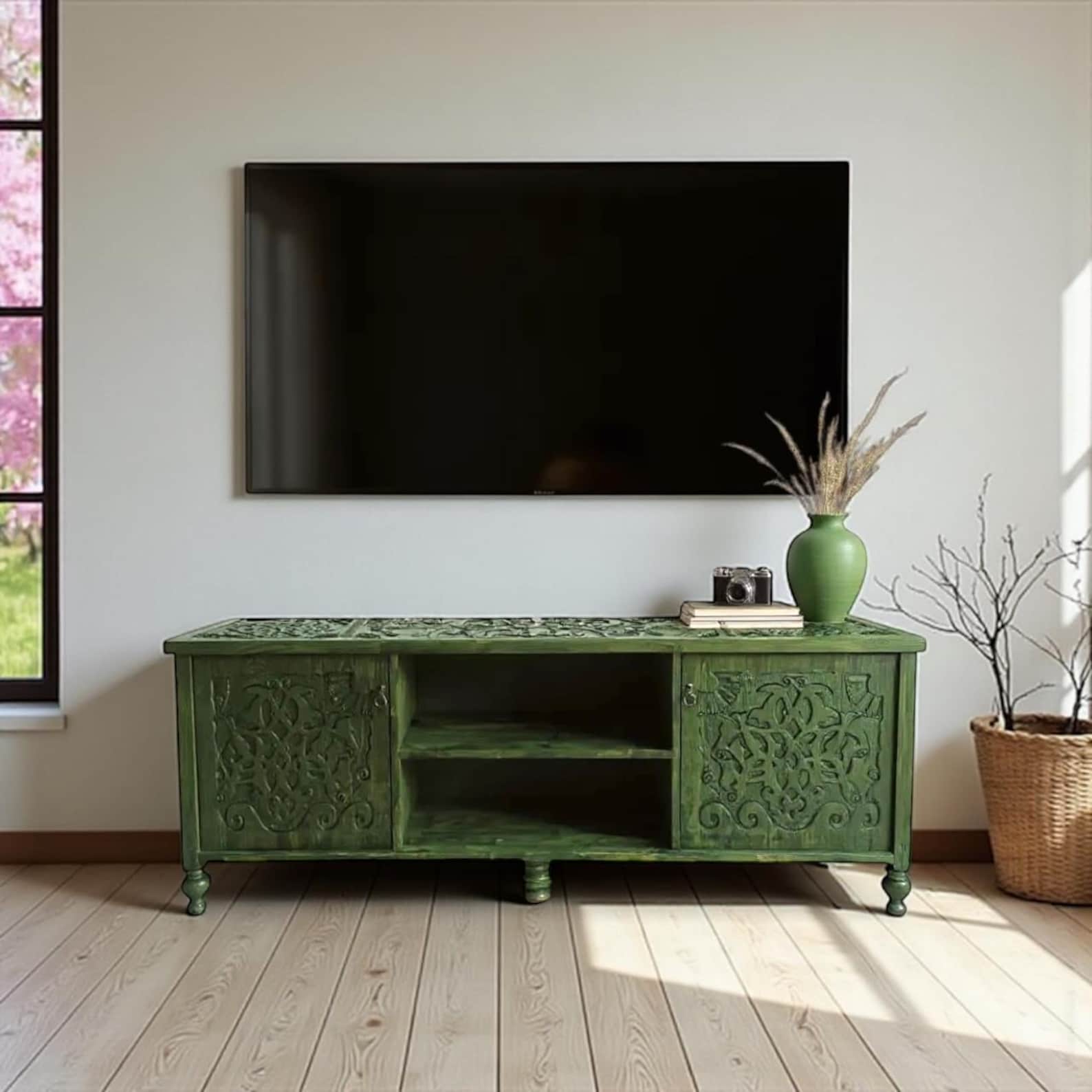 Hand Carved TV Stand – Walnut Finish Console – Rustic Boho Media ...