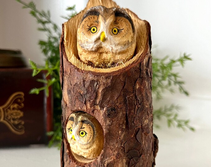 Vintage Wood Carving Pair of Owls in Tree Stump, Owl in Log Hand ...