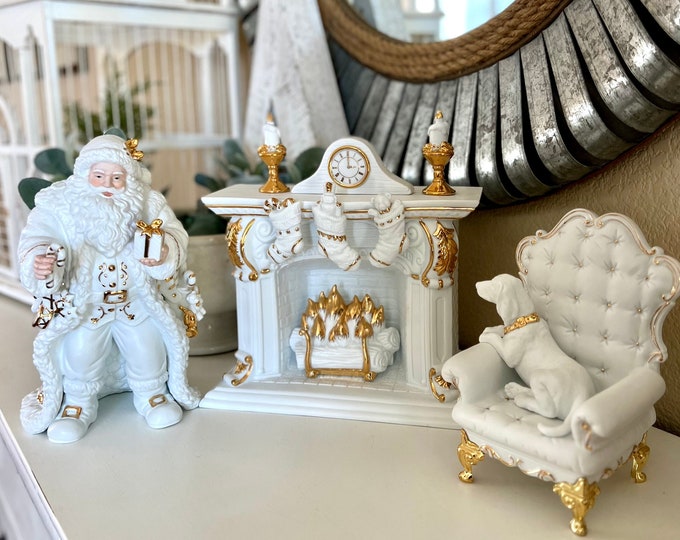 Traditions Porcelain Centerpiece Santa , Fireplace, Dog on Chair White ...