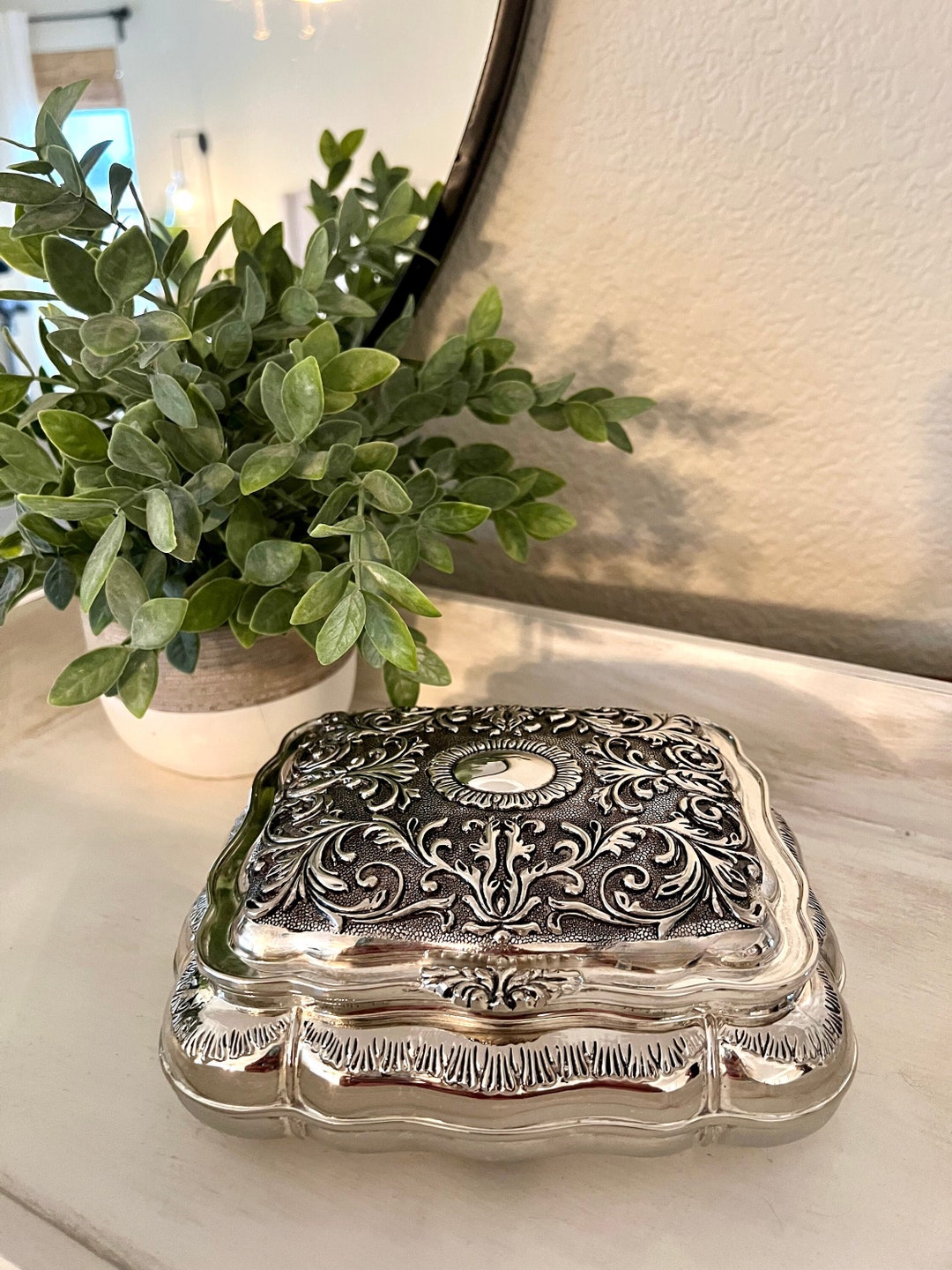Godinger Silver Plate Silverplate Jewelry Box Trinket Box Floral ...