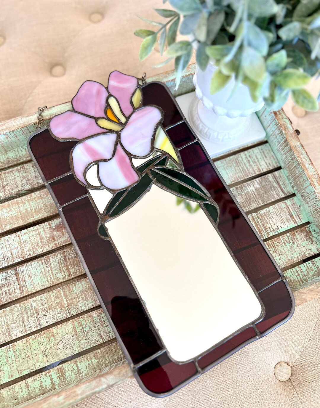Vintage Leaded Glass Mirror / Metal Glass / Stained Glass Floral Mirror ...