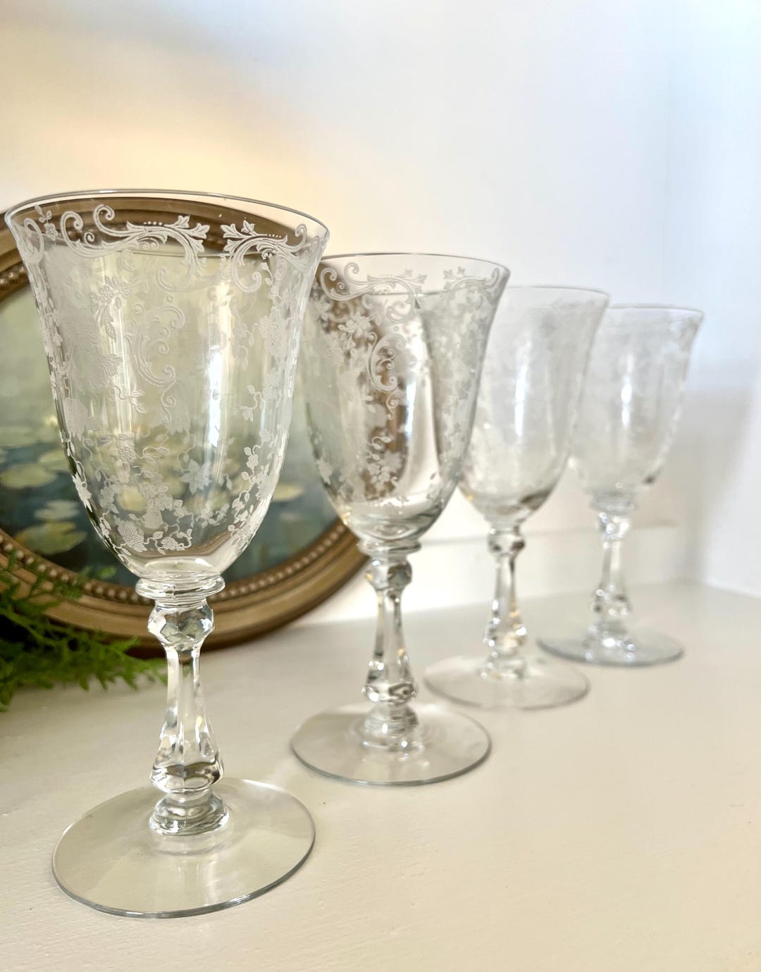 4 Cambridge Water Goblets or Large Wine Glass Etched Chantilly Clear ...
