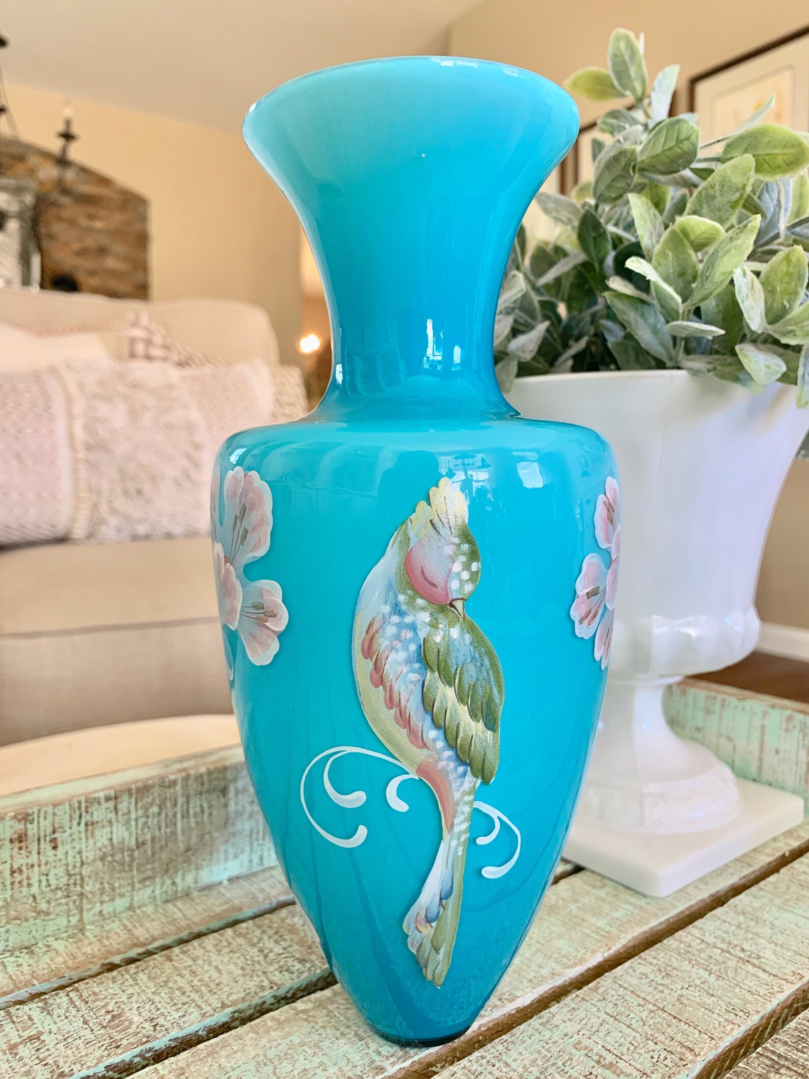 Fenton Landmark Collection Blue Layover Floral and Bird Vase | Etsy