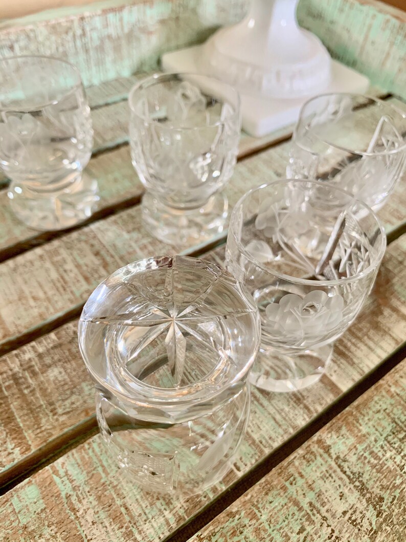 Five Crystal Shot or Schnapps Glasses Etched Rose and Criss | Etsy