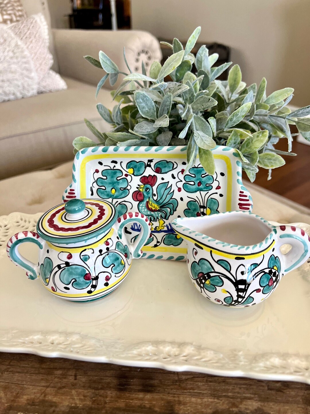 Deruta Made in Italy Orvieto - Green Rooster Pattern - Covered Sugar ...