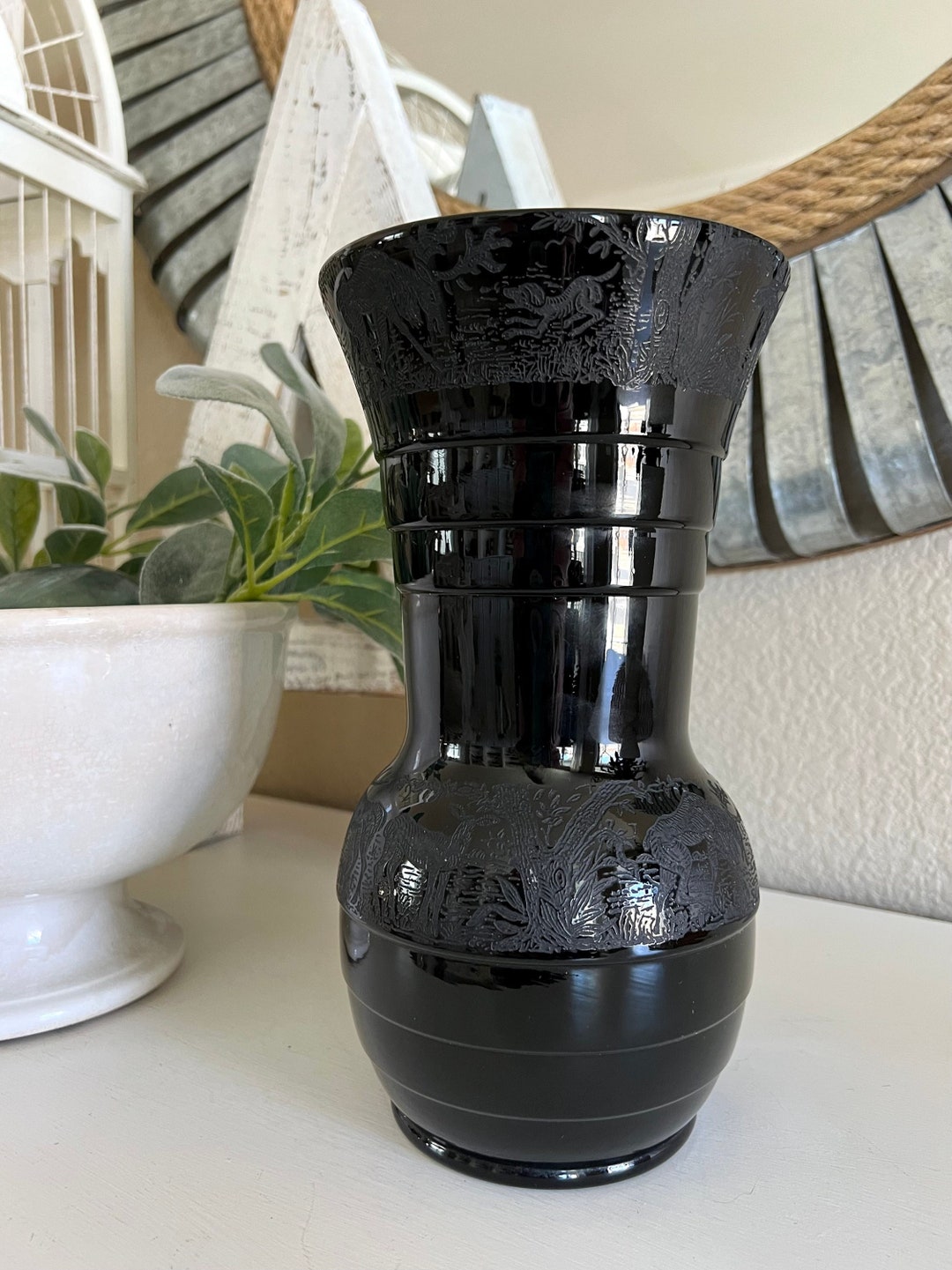 Paden City Glass Black Forest Pattern Etched Wildlife Vase 10 Inch 1920 ...