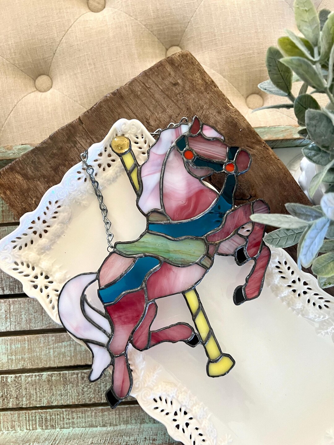 Vintage Leaded Glass, Stained Glass Carousel Horse, Pink Rose, Blue ...