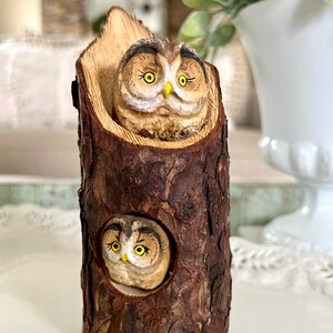 Vintage Wood Carving Pair of Owls in Tree Stump, Owl in Log Hand ...