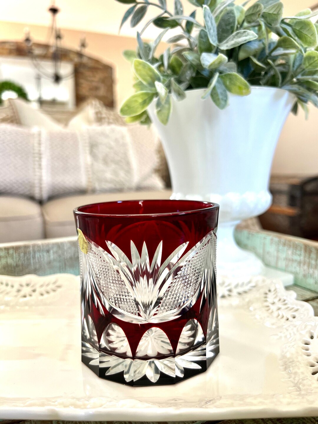 Vintage Byron Craft Edo Kiriko Ruby Cut to Clear Uoku Bamboo Leaves ...