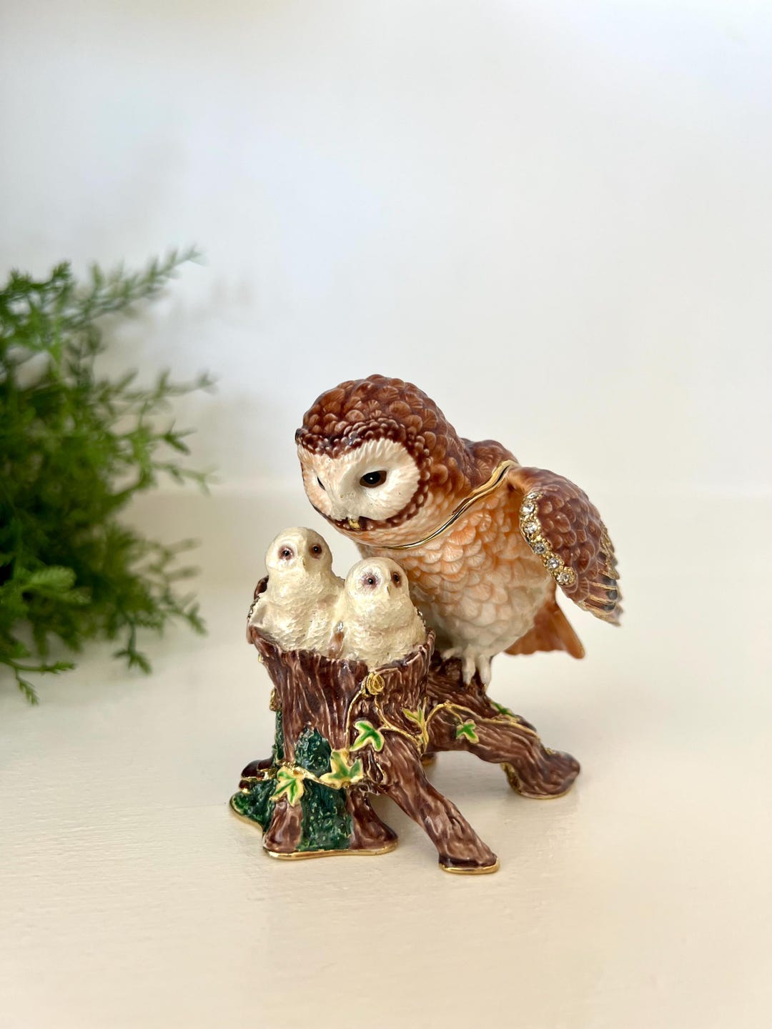 Vintage Rucinni Barn Owl Family Jeweled Trinket Box, Barn Owl and ...
