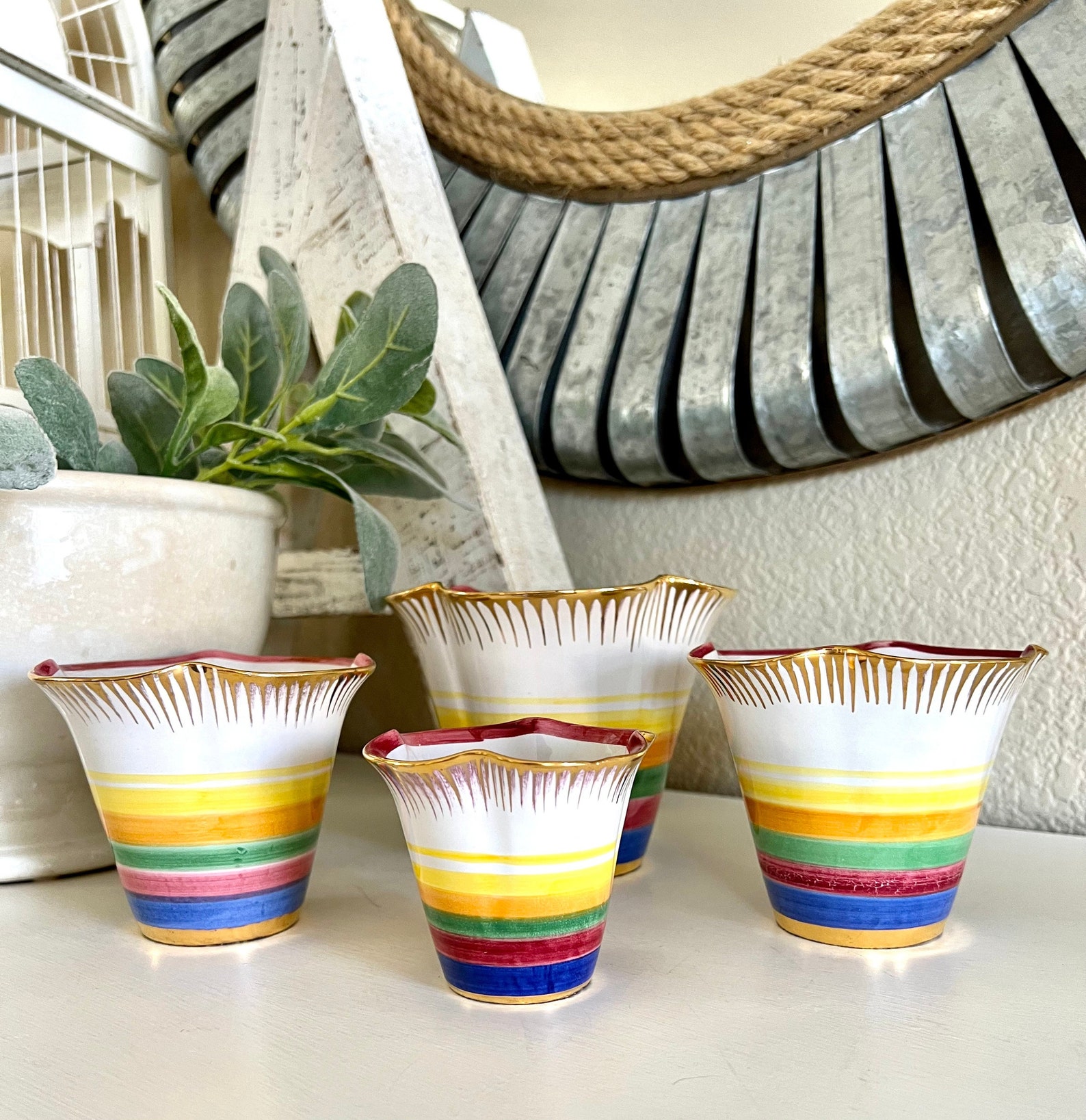 Set of Four Rainbow Colored Planters Made in Italy Gold Trim Varying ...