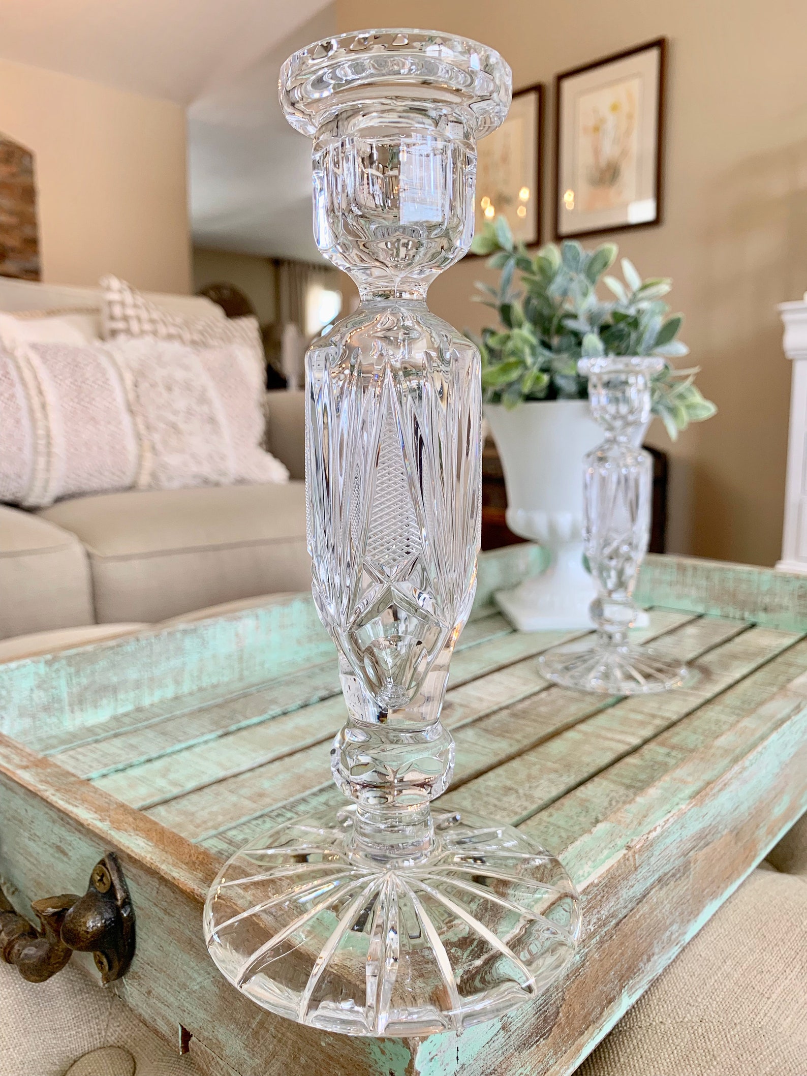Gorham Crystal Single Light Candlestick Set of Two Vertical Fan ...