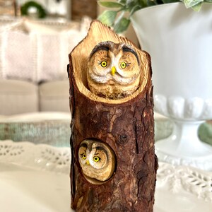 Vintage Wood Carving Pair of Owls in Tree Stump, Owl in Log Hand ...