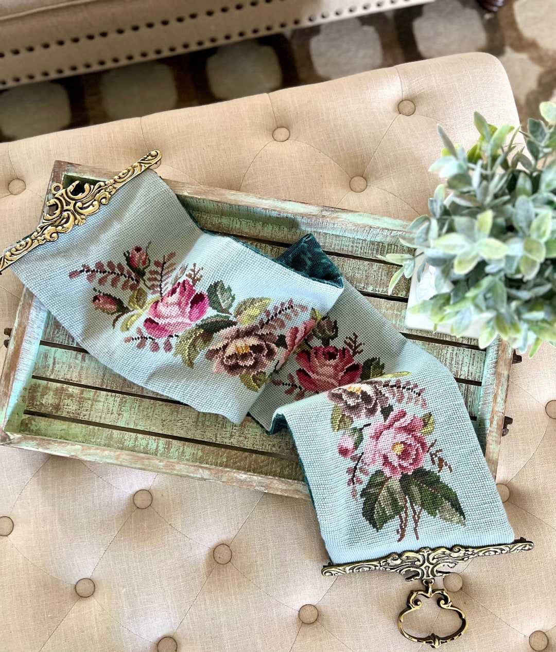 Stunning Vintage Bell Pull Tapestry Butler Pull Floral Needlepoint ...