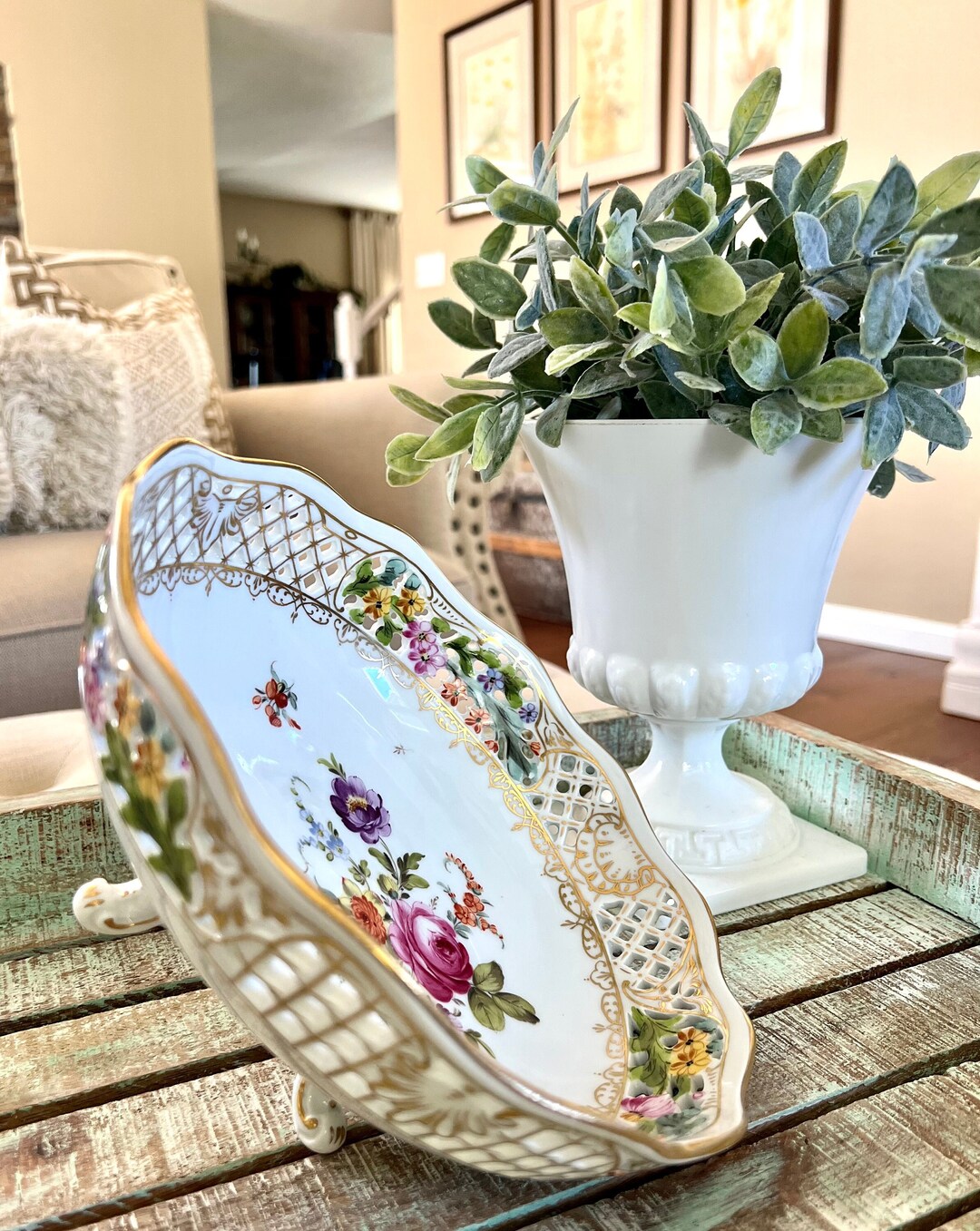 Carl Thieme Dresden Germany Pierced Footed Bowl With Gold Accents and ...