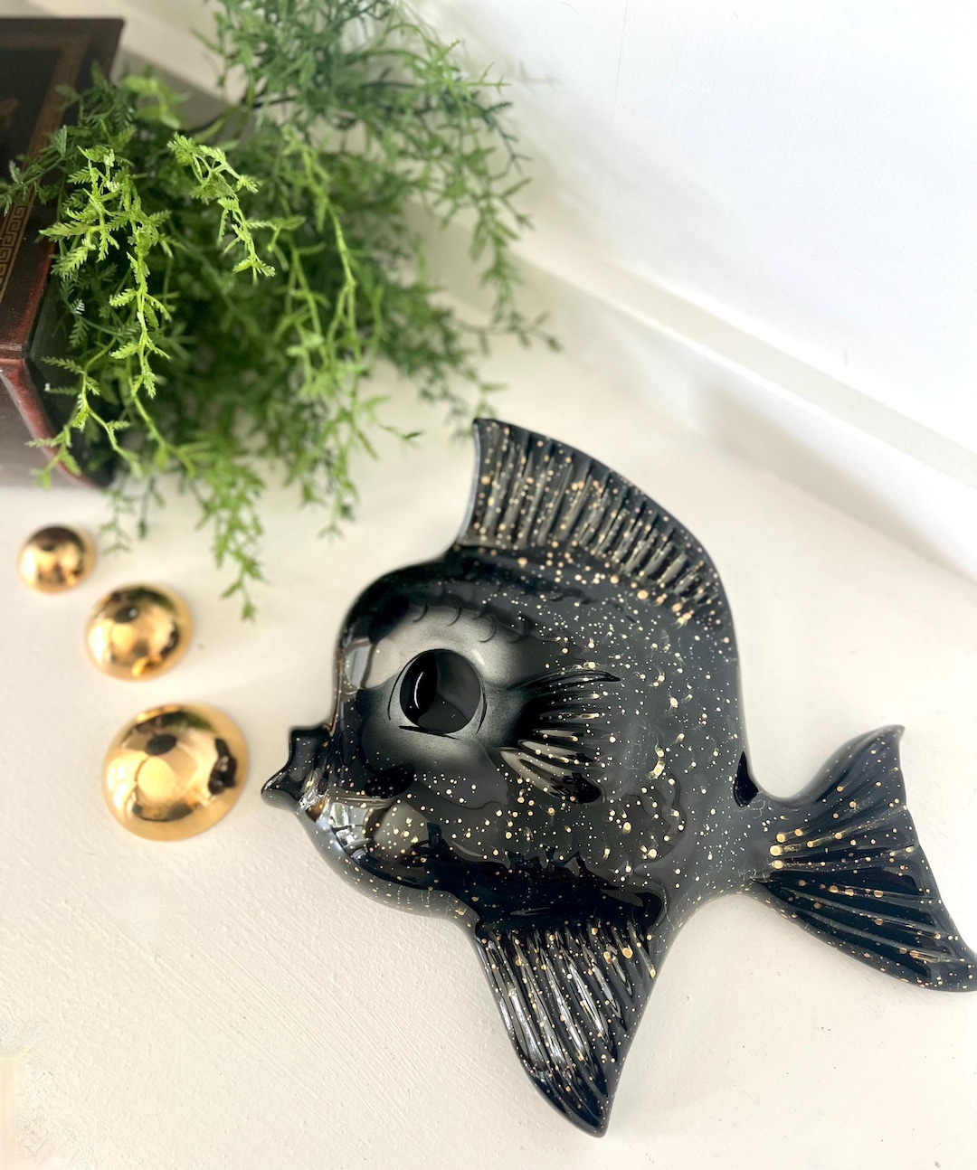 Vintage Ceramicraft Black and Gold Fish Wall Pocket and Gold Bubbles ...