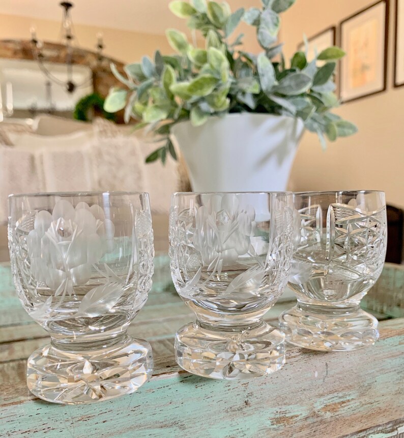 Five Crystal Shot or Schnapps Glasses Etched Rose and Criss | Etsy