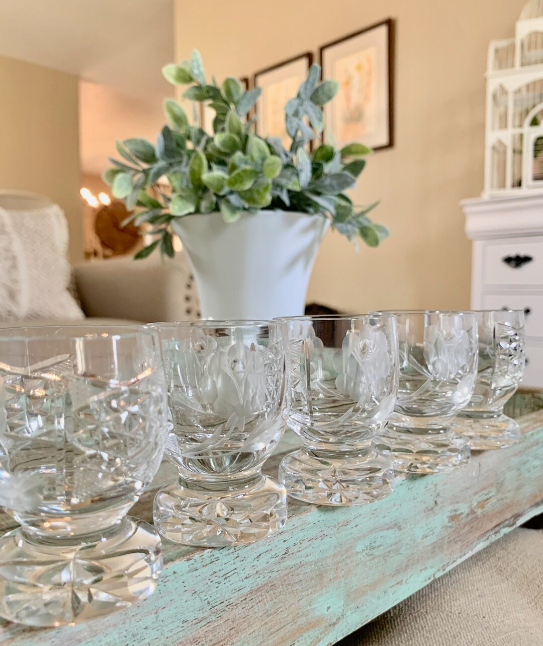 Five Crystal Shot or Schnapps Glasses Etched Rose and Criss Cross ...