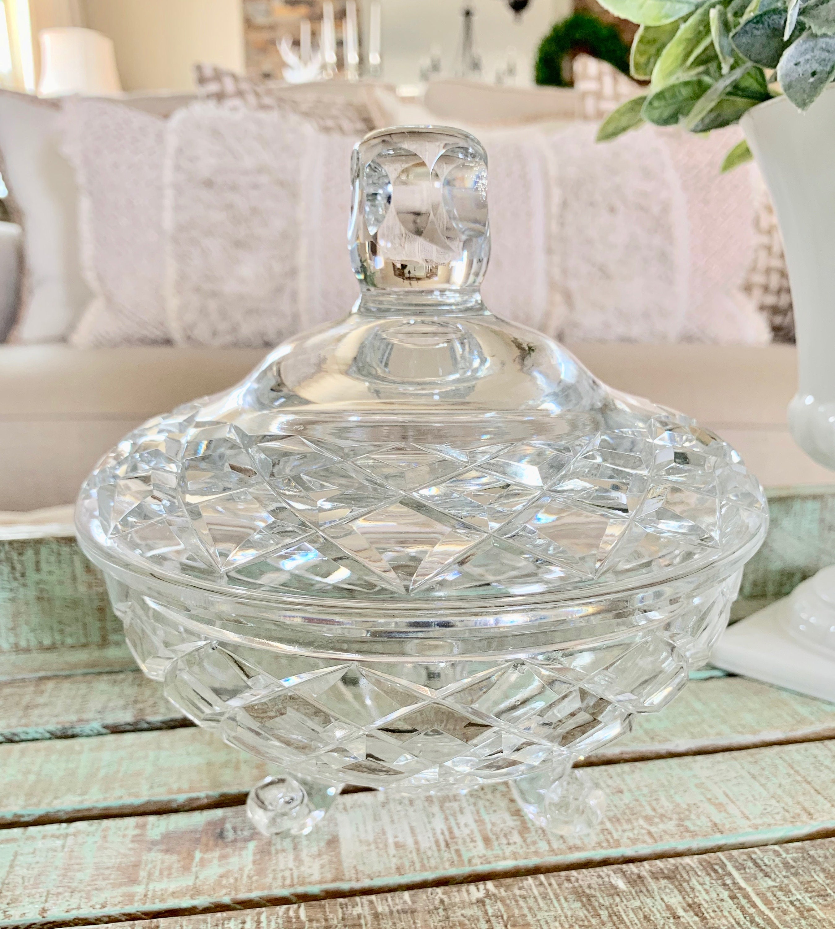 Crystal Footed Covered Dish Candy Trinket Criss Cross Cut | Etsy