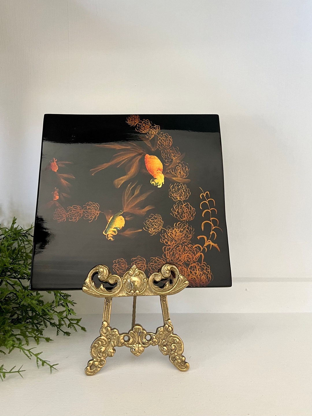 Asian Black Laquer Hand Painted Koi Fish, Gold Fish Wall Picture, Wall ...